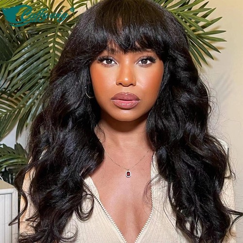 Yaki Wavy Wig With Bangs Brazilian Human Hair Machine Made Scalp Top ...