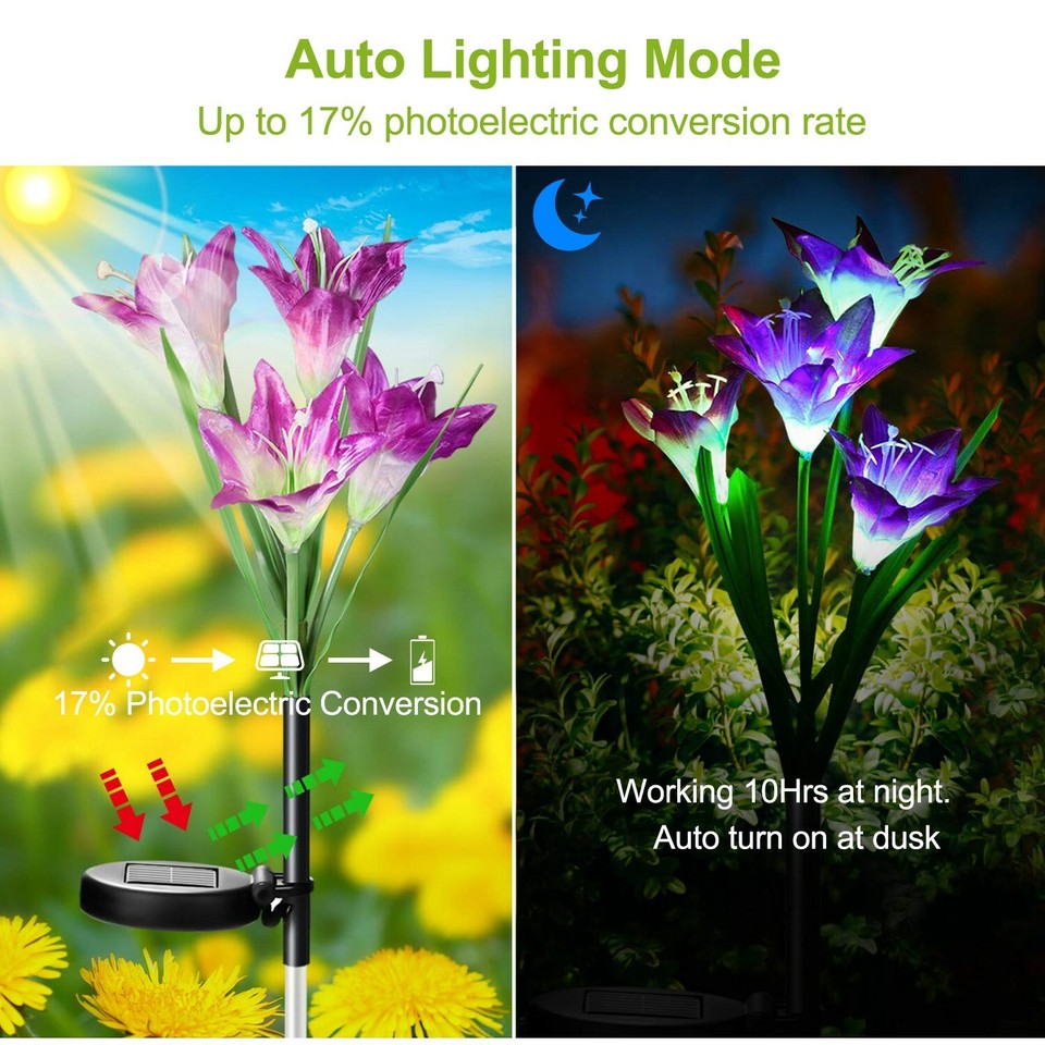 2PCS Solar Lily Flower Garden Lights LED Outdoor Pathway Yard Decor ...