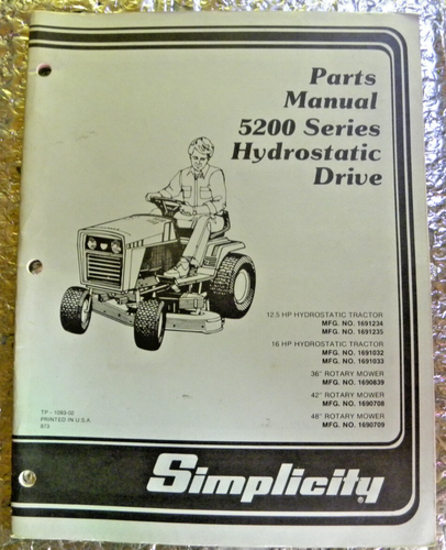 1987 Simplicity Parts Manual 5200 Series Hydrostatic Drive Lawn Tractor ...