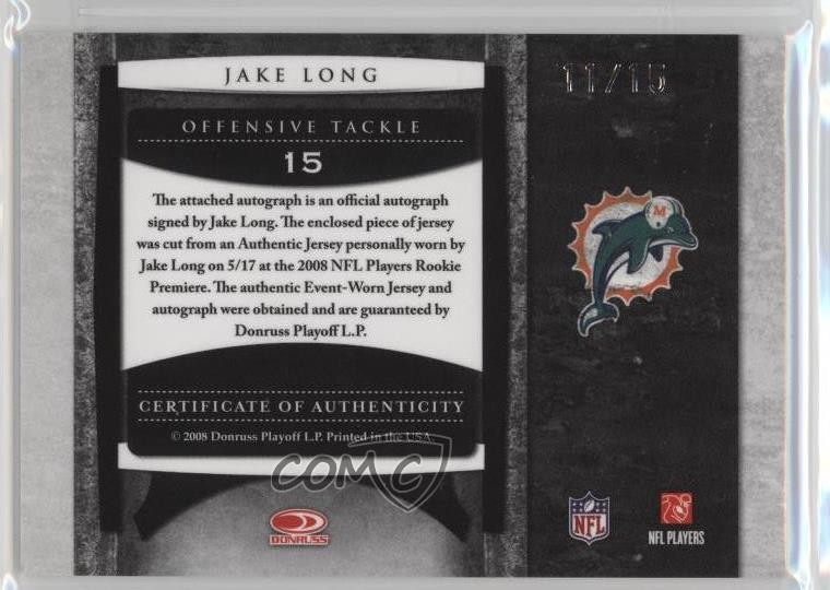 2008 Leaf Limited Rookie Jumbo Jerseys Signatures /15 Jake Long #15 ...