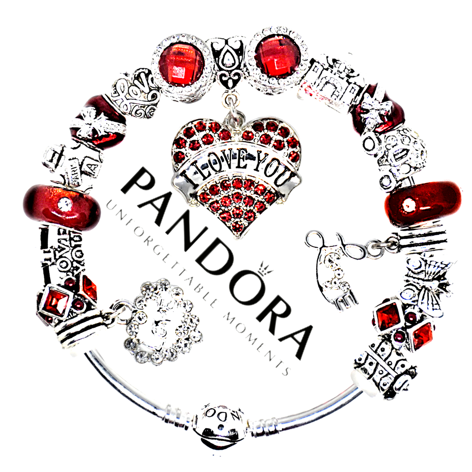 PANDORA BRACELET WITH RED "I LOVE YOU" RHINESTONE HEART THEMED CHARMS ...