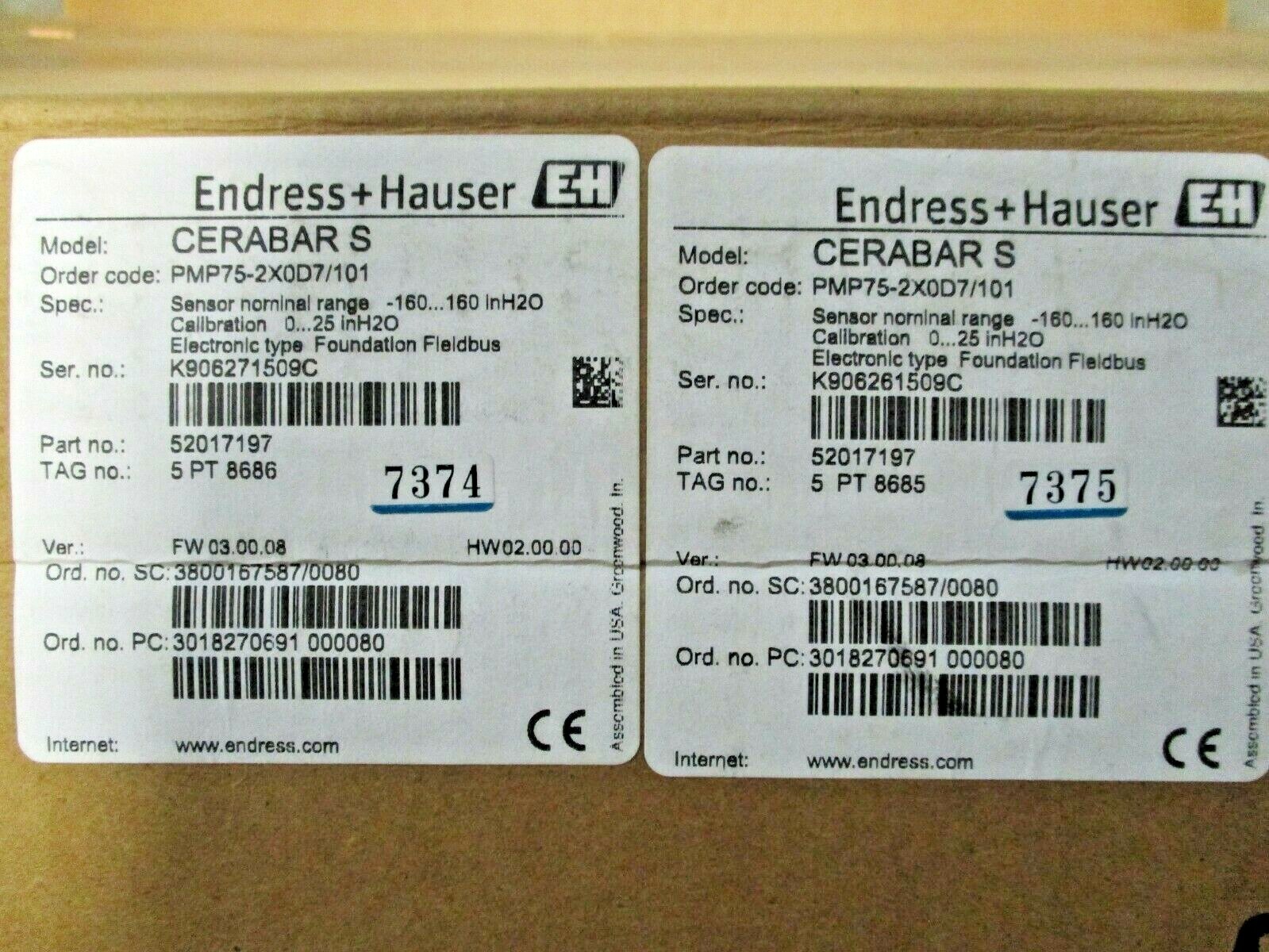 ENDRESS + HAUSER, CERABAR S, PMP75-2X0D7/101, PRESSURE TRANSMITTER, LOT ...