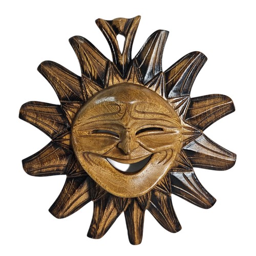 Wooden Carved Smiling Hippie Sun Face Wall Art Hanging Wood Sculpture ...