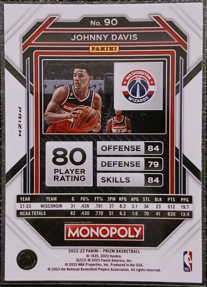 2022-23 Prizm NBA Monopoly Johnny Davis RC Wizards Black Icons #90 SP ...