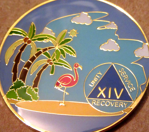 Beach - Blue yellow pink Alcoholics Anonymous 14 Year AA Medallion Coin ...