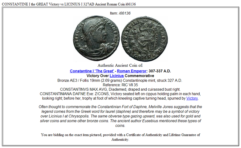 CONSTANTINE I the GREAT Victory vs LICINIUS I 327AD Ancient Roman Coin ...