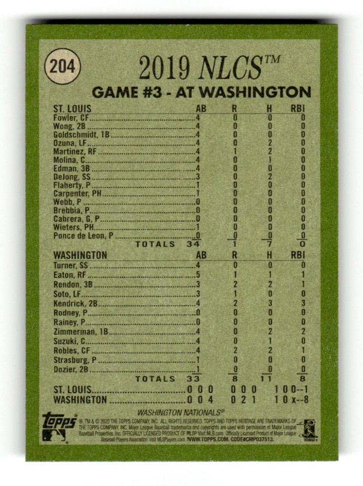 2020 Topps Heritage 2019 Game #3 NLCS: Strasburg Overpowers Cardinals! #204 | eBay
