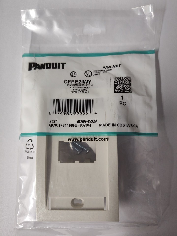 QTY 10 PANDUIT CFPE2IWY MINI-COM FACEPLATE SINGLE GANG 2 MODULE SPACE ...
