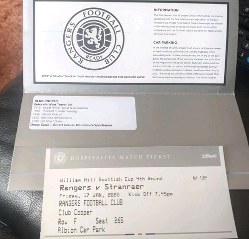 2020 Hospitality Ticket Scottish Cup Rangers V Stranraer | eBay UK