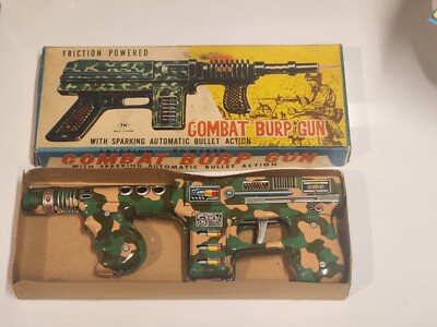 VERY RARE 1950's CAMO TIN COMBAT BURP GUN ORIGINAL BOX JAPAN TN NOMURA ...