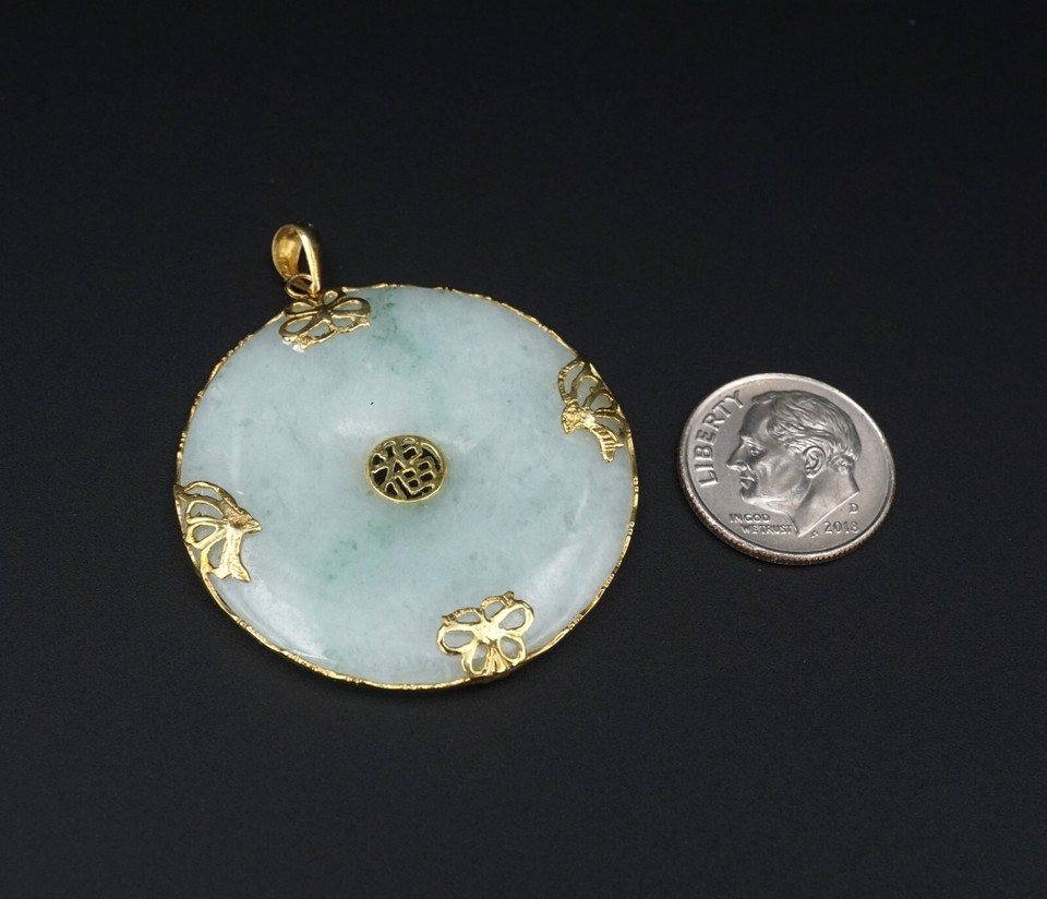 14k Yellow Gold Nephrite Jade Bi Disc Good Luck Fu Blessings Pendant 1. ...