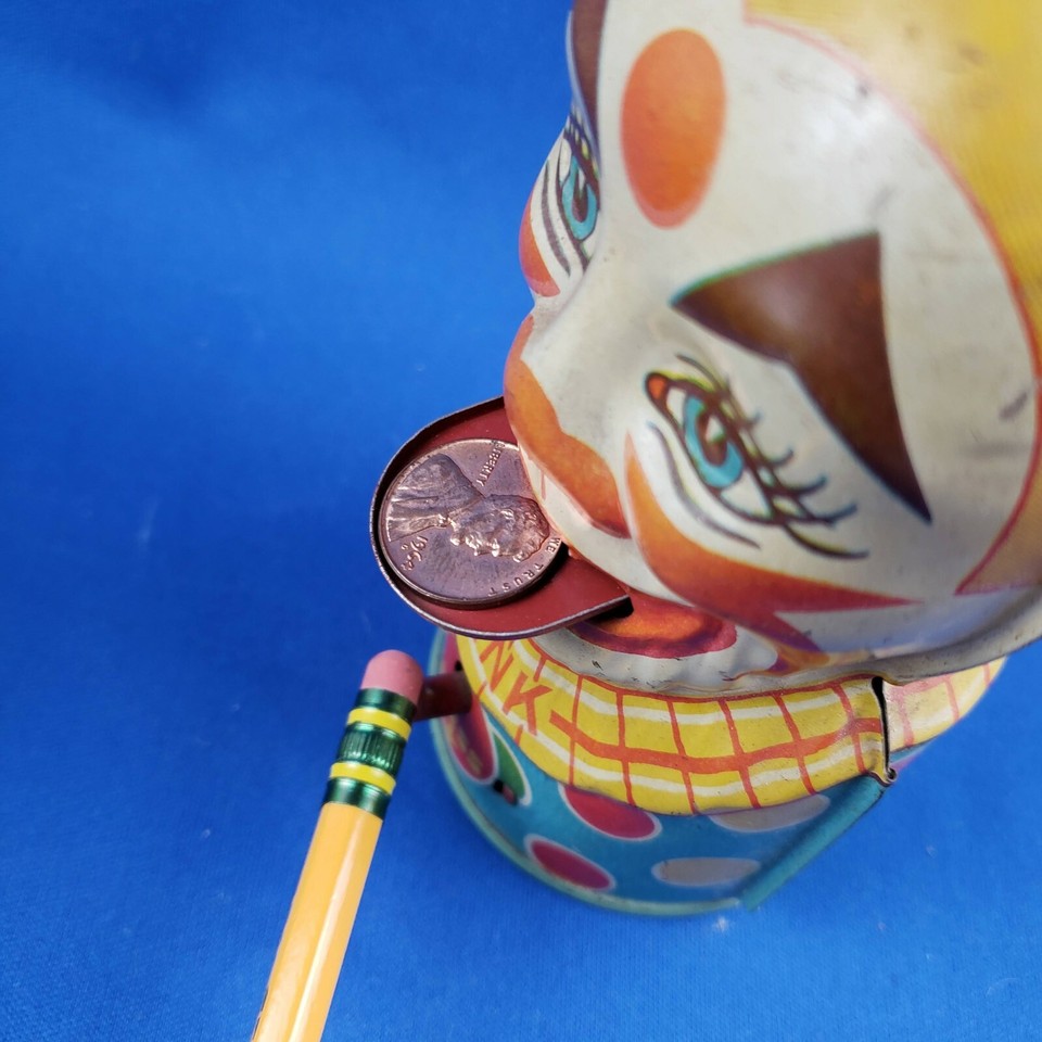 VINTAGE 1950's J Chein Tin Litho Clown Bank 5" tall working condition ...