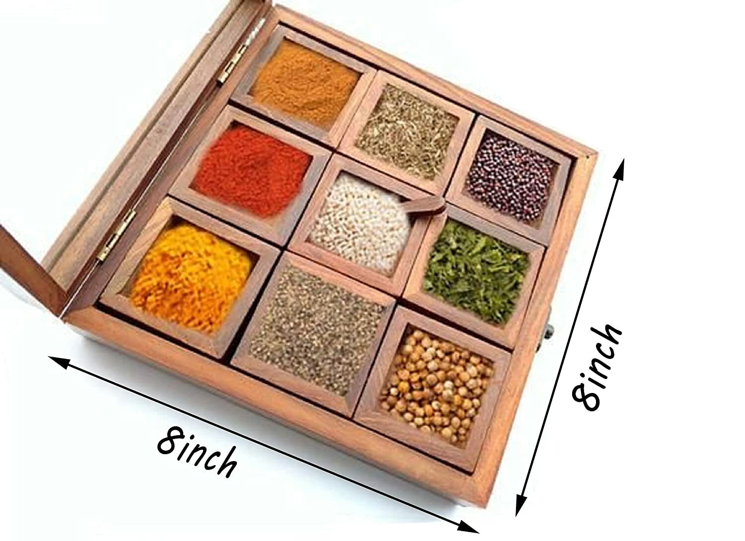 Wooden Spice Box Set with Spoon for Kitchen (8 X 8 X 2 Inches, Brown ...