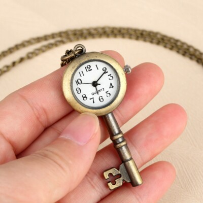 Key Pattern Quartz Analog Pocket Watch Open Face with White Dial ...