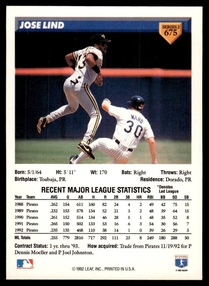 1993 Donruss Baseball Card Jose Lind Kansas City Royals #675 | eBay