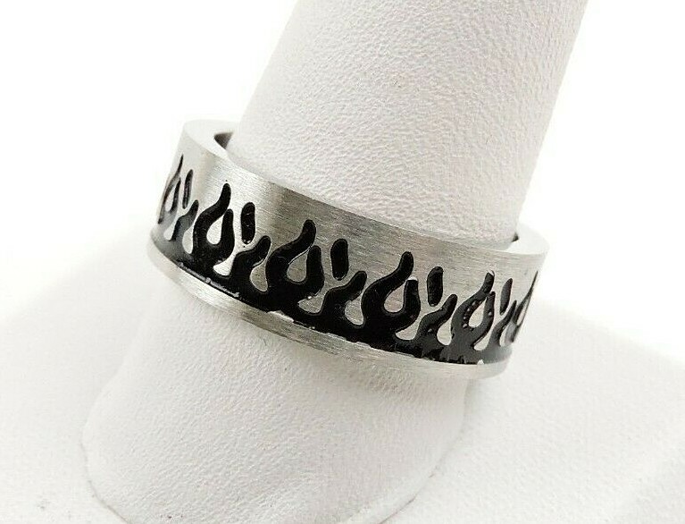 Stainless Steel Engraved Flames Band Ring - Free Gift Packaging | eBay