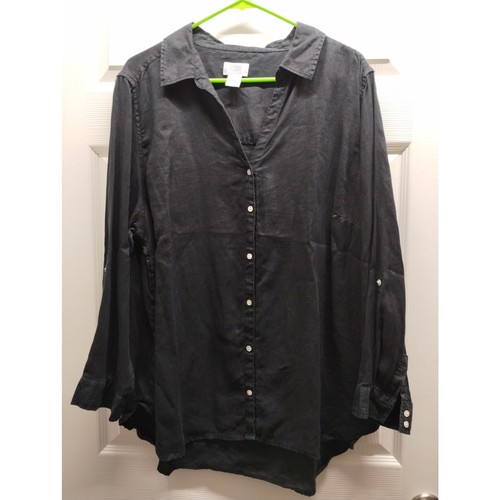 Sigrid Olsen Women's Plus Size 2X Black Linen Button Up Roll Tab ...