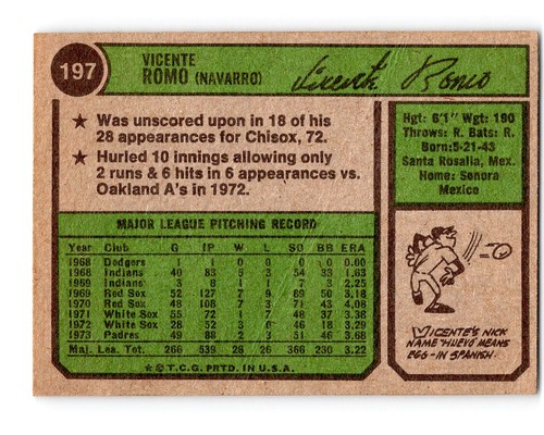 1974 Topps #197a Vicente Romo Washington San Diego Padres Baseball Card ...