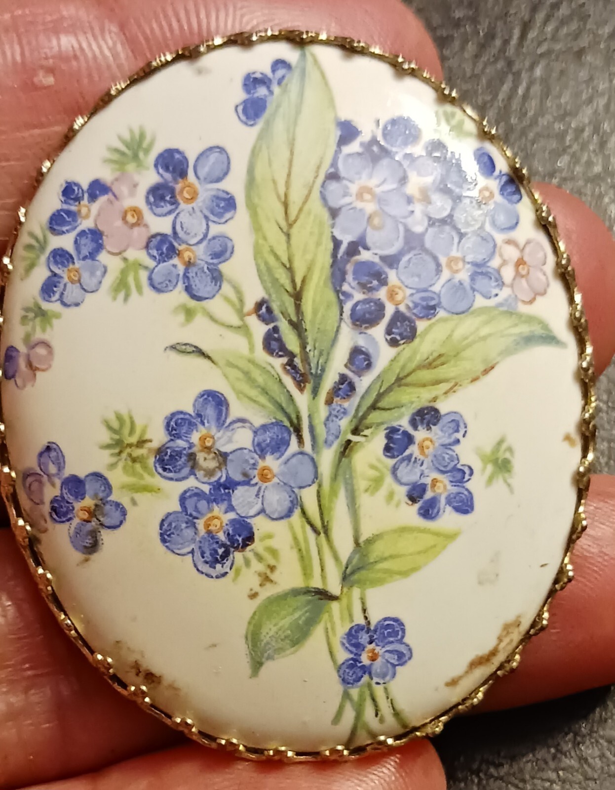 Hand Painted Blue Flowers Porcelain Brooch Vintage Ha… - Gem