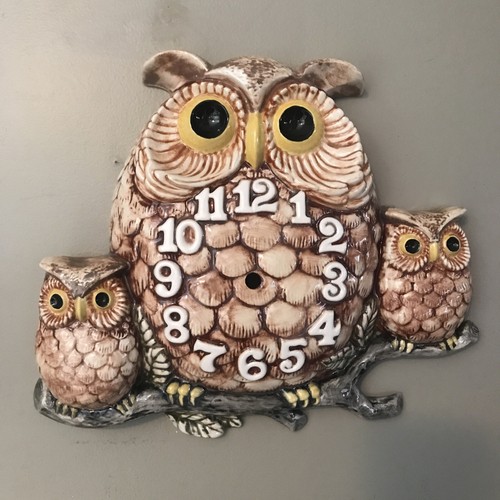 Vintage 1970's Arnel's Owl Clock Ceramic 3 Owls on a Branch Large Hand ...