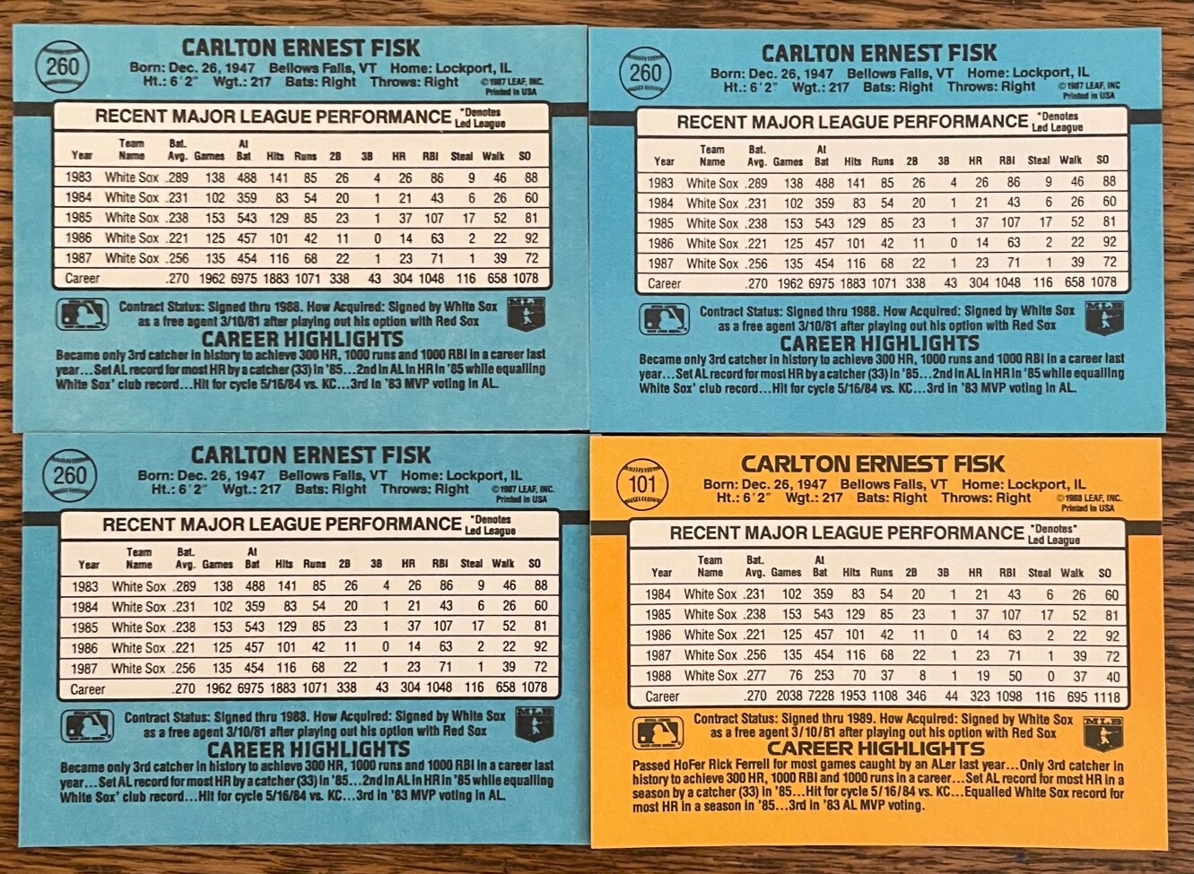 1988/9 DONRUSS CARLTON FISK CARD # 260 & 101 LOT of (4) UNGRADED SHARP ...