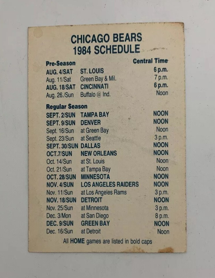 1984 Chicago Bears NFL Football Pocket Schedule Season | eBay