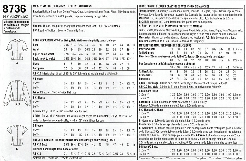 Simplicity 8736 1940s Set of Blouses w Peter Pan Collar, Bishop Sleeves ...