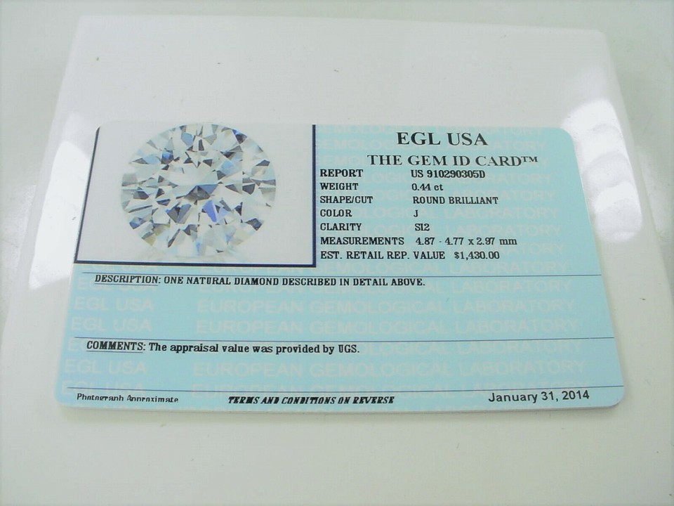 EGL USA Certified 0.44 J SI2 Round Brilliant Natural Loose Diamond Gem ...