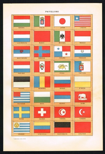 Former National Flags, Persia, Holy Sea, Siam, Prussia, Antique Print ...