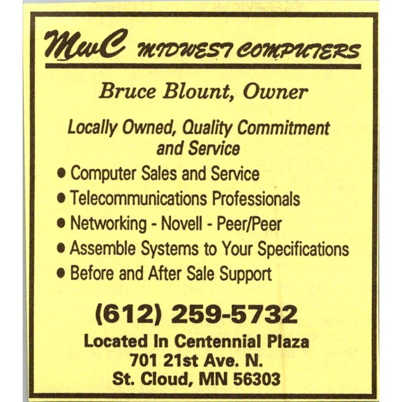 Midwest Computers Bruce Blount Sales and Services St. Cloud MN 1995 Ad ...