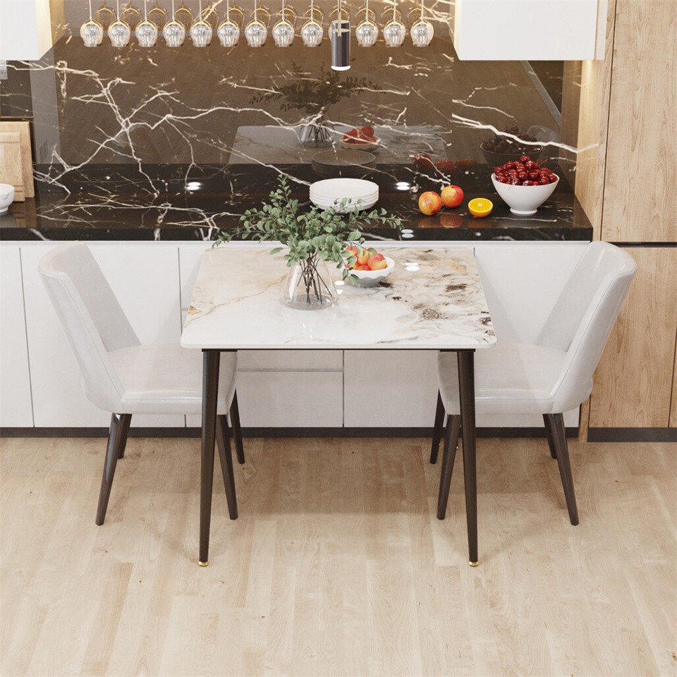 Square Home Marble Dining Table Compact w Sintered Stone Top Metal Legs ...