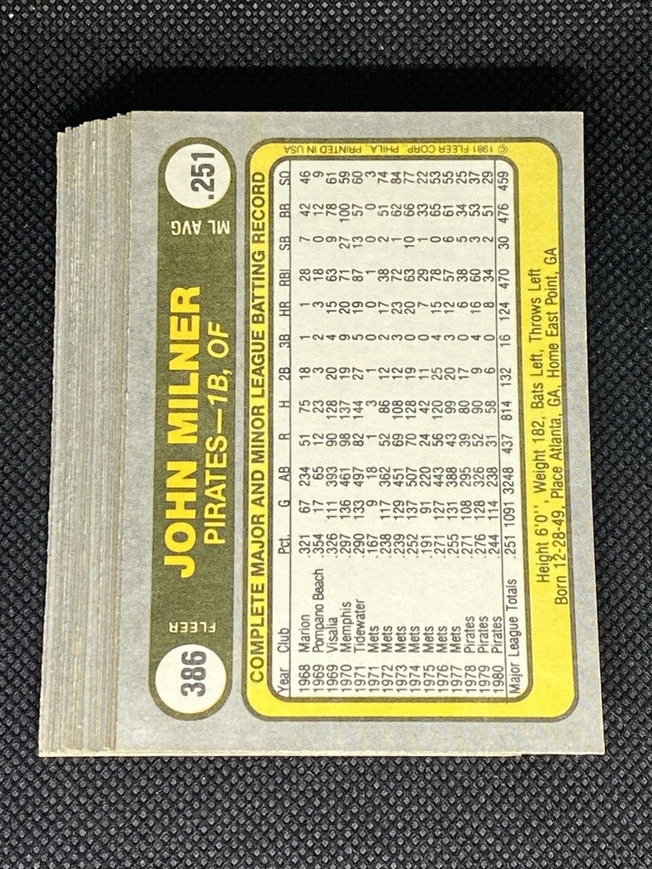 John Milner Pittsburgh Pirates New York Mets 1981 Fleer #386 20 Card ...