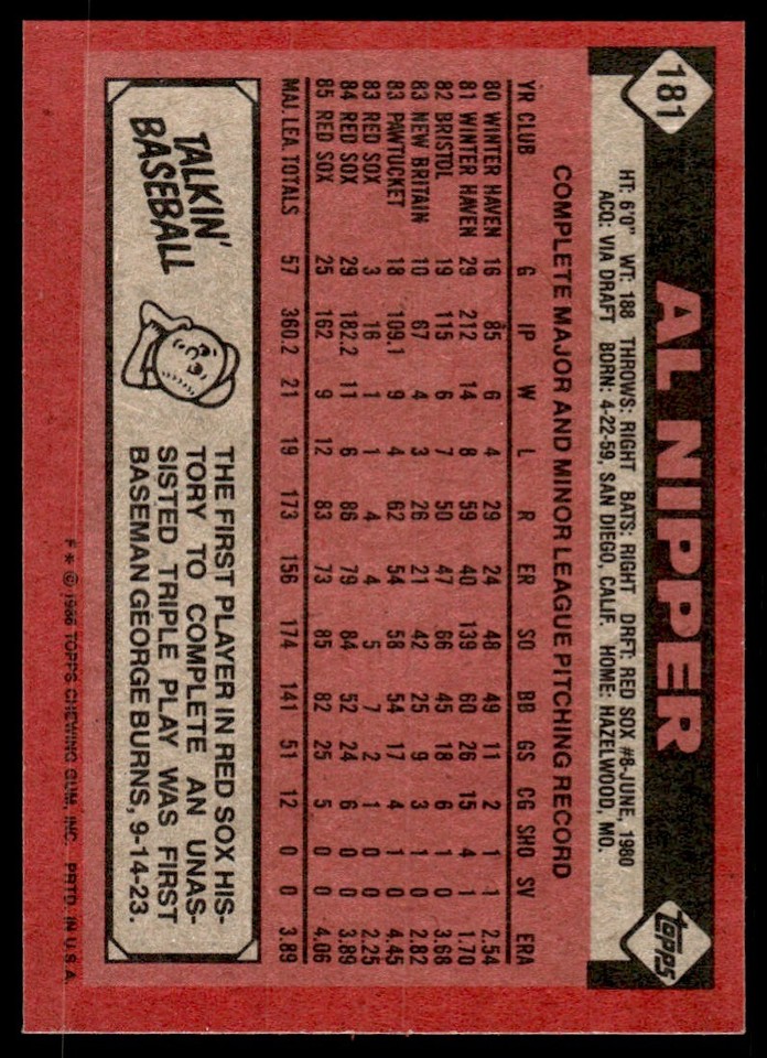1986 Topps Baseball Card Al Nipper C Boston Red Sox #181 | eBay