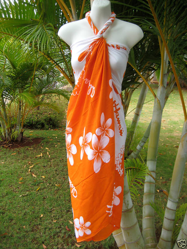 Hawaii Pareo Sarong Orange/Wht Plumeria Coverup Beach Cruise Hawaiian ...