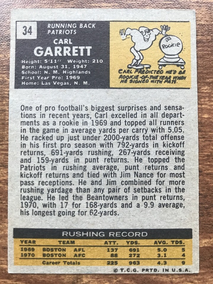 1971 Topps Football Card #34 Carl Garrett New England Patriots VG/EX | eBay