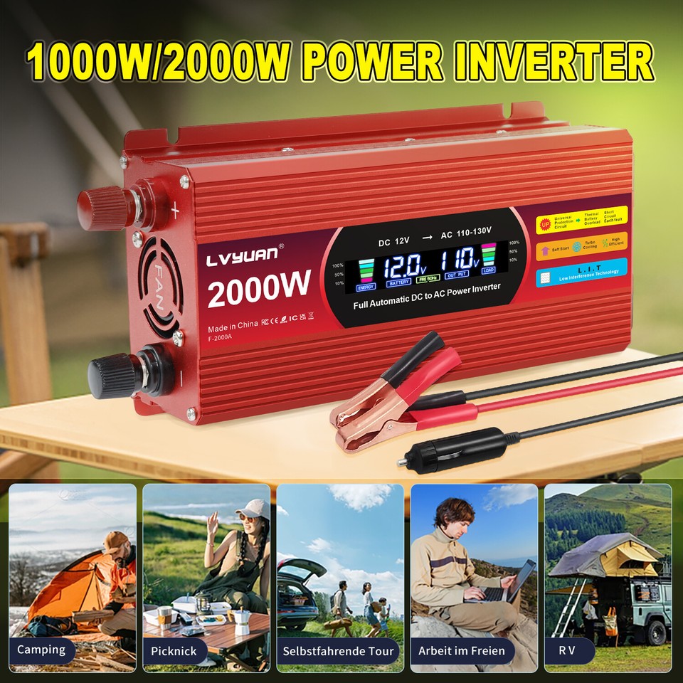 1000W Car Power Inverter DC 12V To AC 110V LCD Outlets RV Solar ...