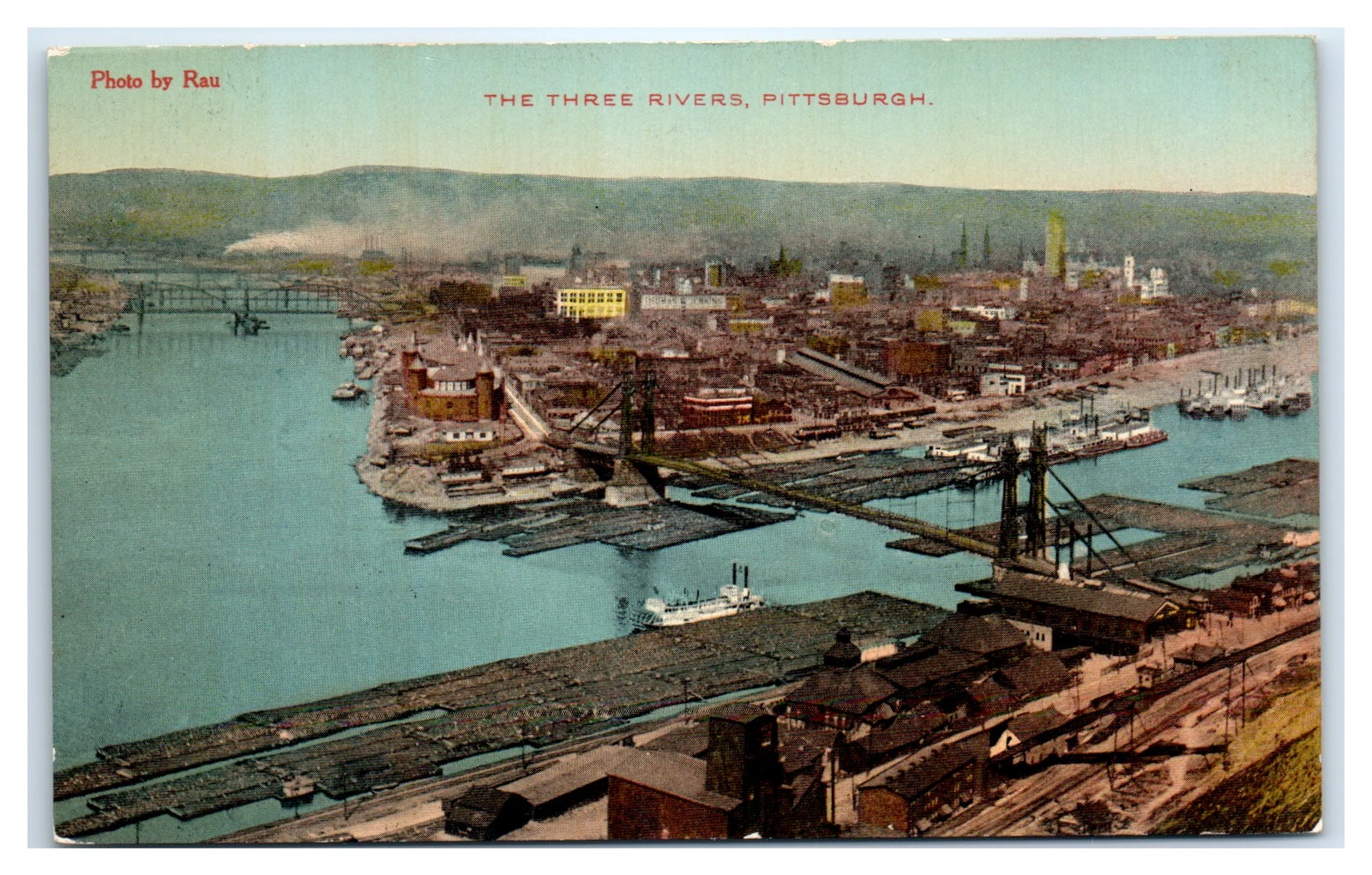 Pittsburgh, PA Postcard- THE THREE RIVERS Bridge Boats Hills | eBay