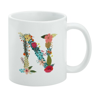 Letter N Floral Monogram Initial White Mug | eBay