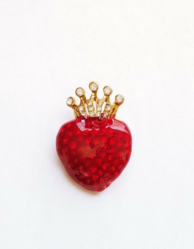 Vintage Puffy Heart Corazon crown queen enamel rhinestones brooch pin ...