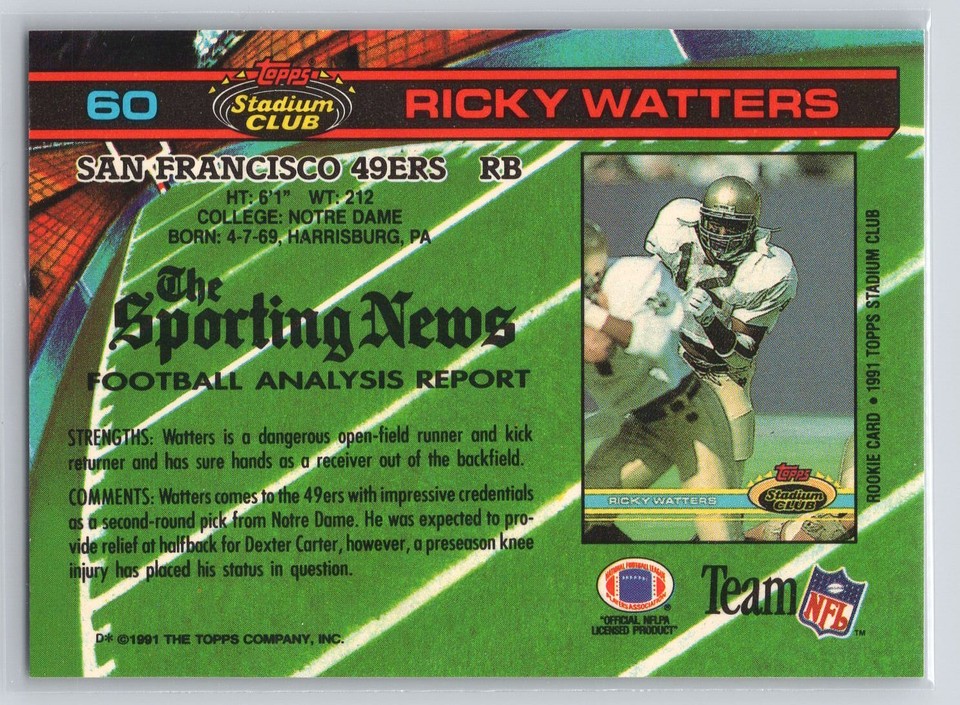 1991 Stadium Club #60 Ricky Watters RC Rookie - 49ers Eagles | eBay