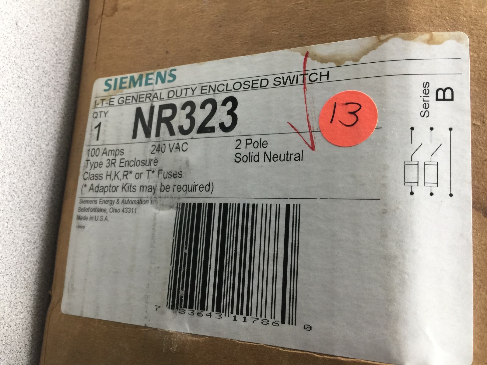 NEW IN BOX SIEMENS 240VAC 2POLE 100AMP FUSABLE SAFETY SWITCH NR323 | eBay