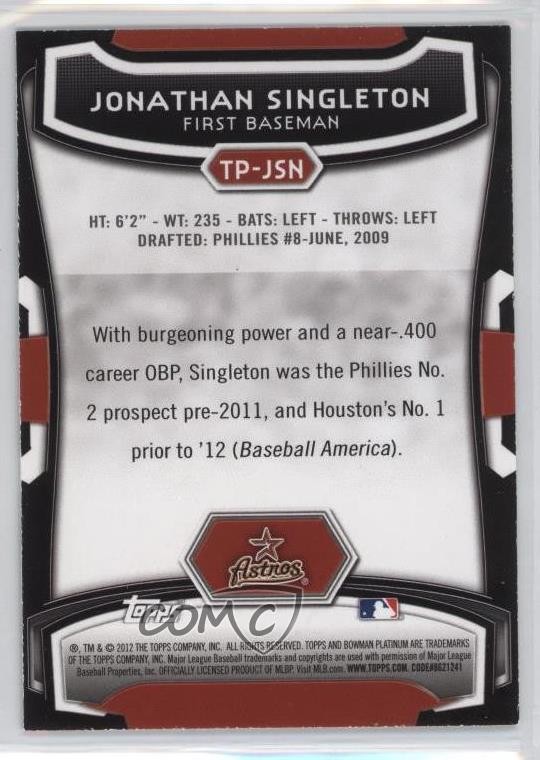 2012 Bowman Platinum Top Prospects Jon Singleton Jonathan Singleton #TP ...