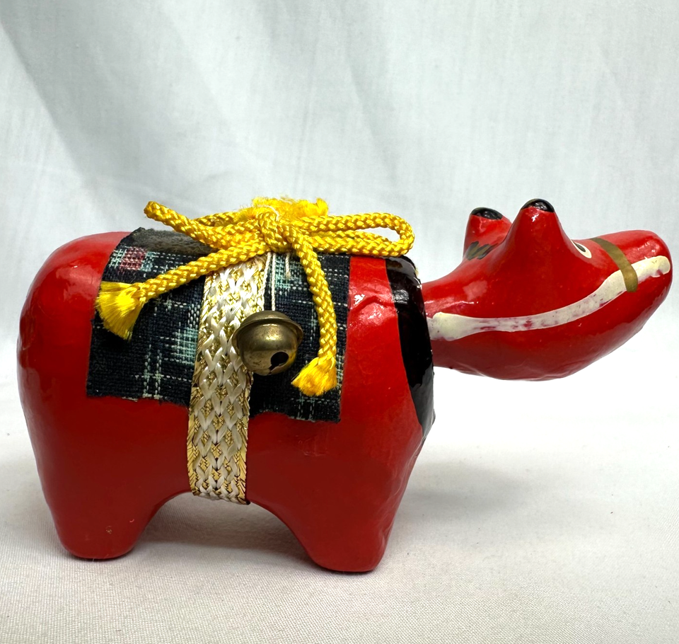 Vintage Japanese Aka Beko Red Cow Folk Toy Bell 5” Aizu Akabeko Papier ...