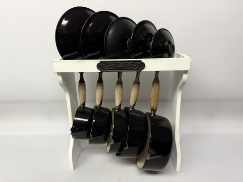 Le Creuset Saucepan Set & Stand Black Cast Iron 22,20,18,16,14 Vintage ...