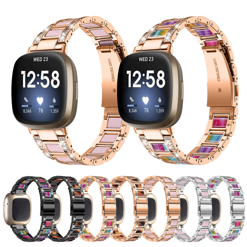 For Fitbit Versa 4/Sense 2 Resin Strap Bling Rhinestone Steel Metal ...
