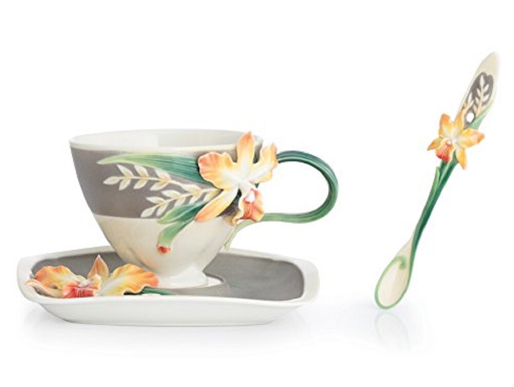 Franz Porcelain - Cup, Saucer & Spoon Set - Magnificent Cattleya Orchid ...