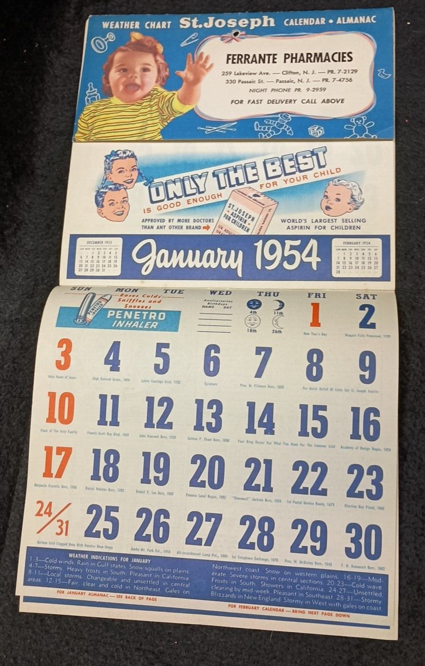 ADVERTISING ST. JOSEPH CALENDAR FERRANTE PHARMACIES 1954 CLIFTON ...