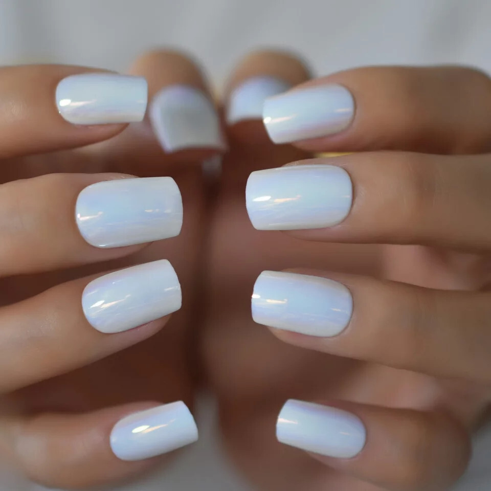 24 Press on Nails kit with glue short white holographic | eBay