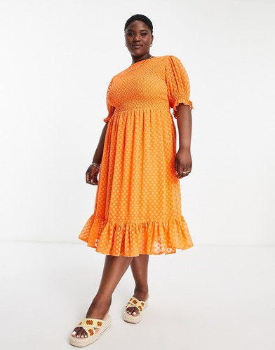 NWT ASOS Simply Be Orange Smocked Midi Dress With Puff Sleeves size 16 ...