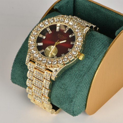 Unisex Round Bezel Red Face Stainless Steel Watch Business Rhinestone ...